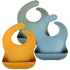 Eascrozn 3 Pack Silicone Bibs for Babies & Toddlers (6-72 months) BPA Free Unisex Soft Adjustable Fit Waterproof Feeding Baby Bibs