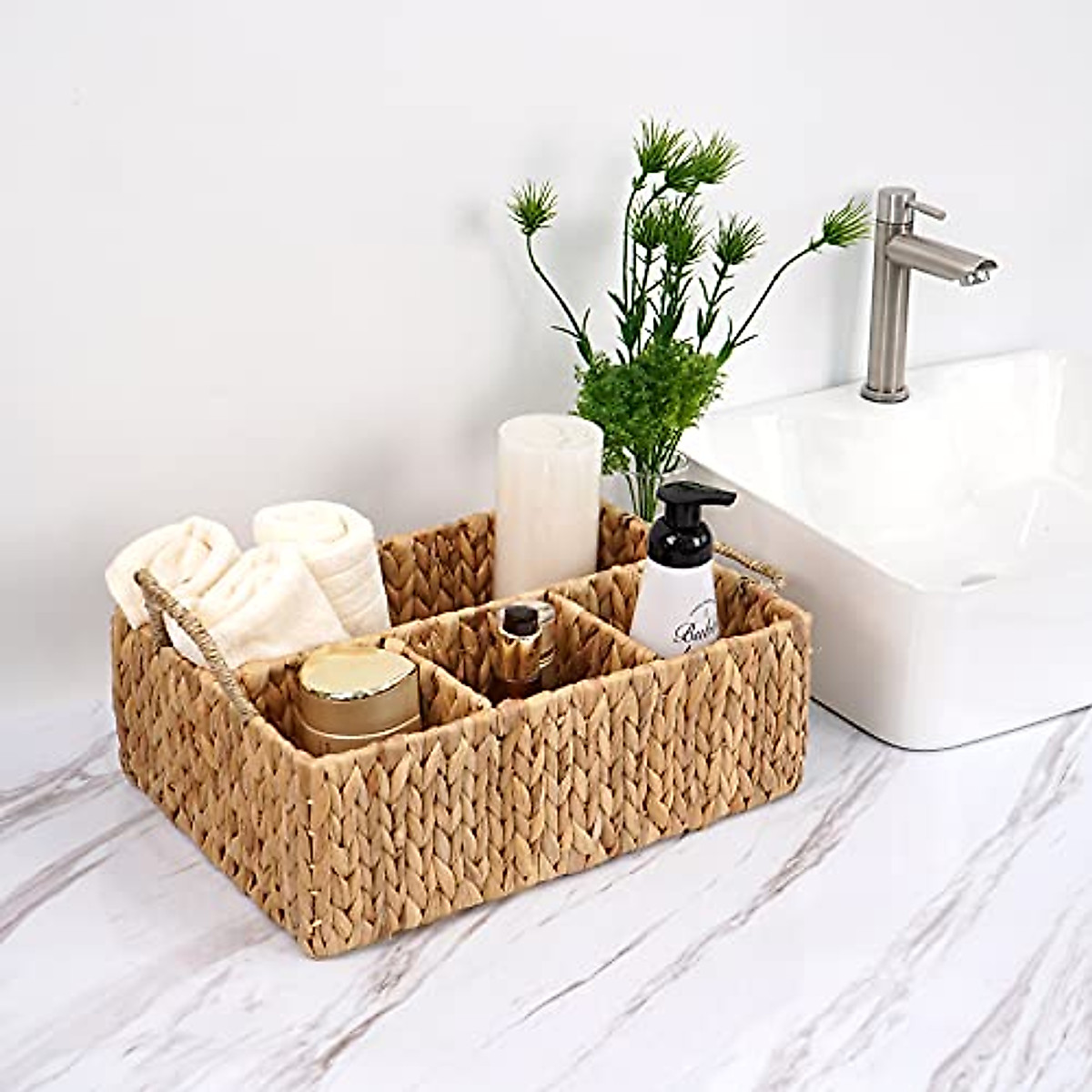 Wicker Divided Storage Basket Woven Natural Basket Hyacinth for Organizing Bathroom Kitchen Shelves Office Supplies Organization Everyday Wicker Storage Baskets 4 Section Rectangular Tray