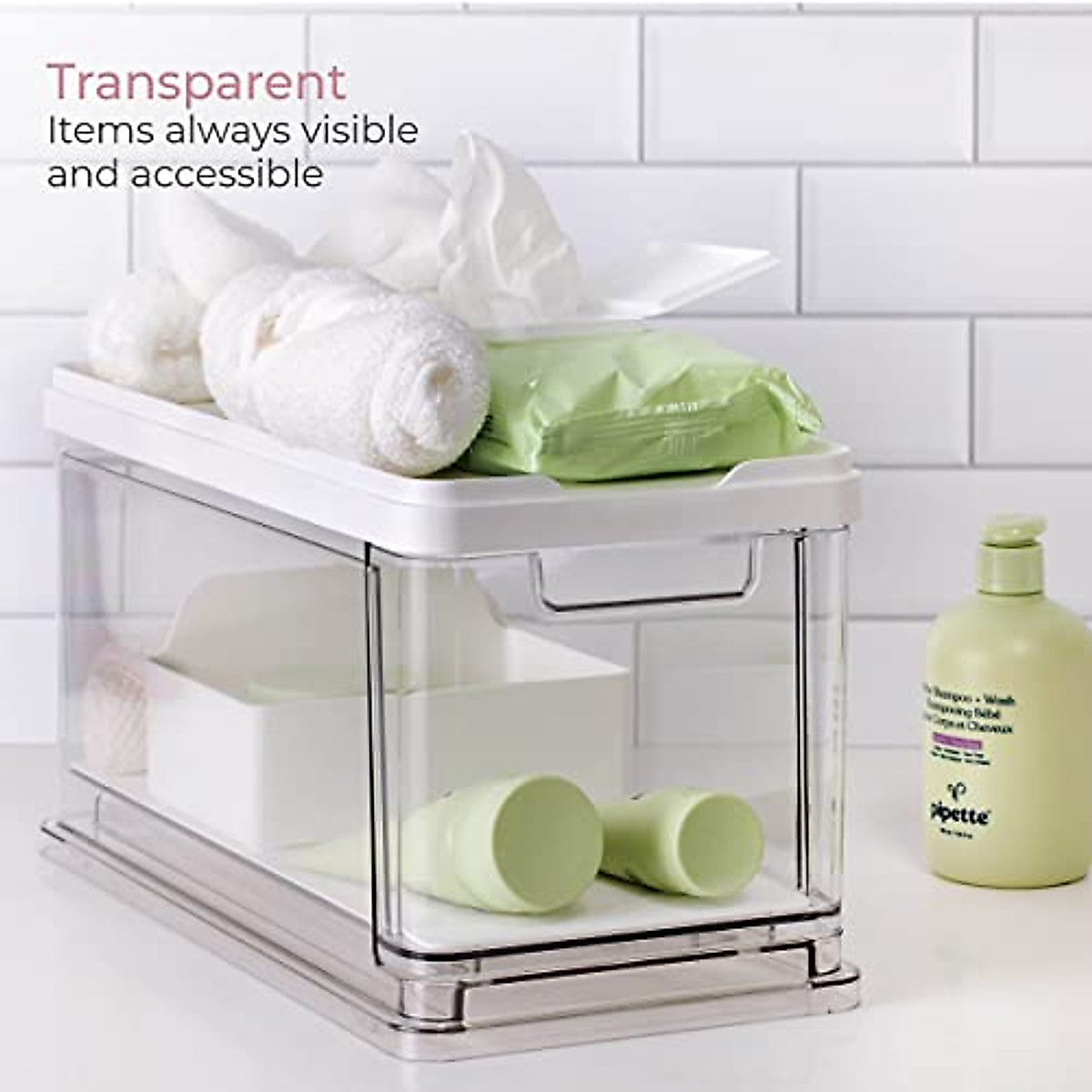 iDesign The Sarah Tanno Collection Medium Stacking Cosmetic Drawer Organizer with Lid and Divider, Clear/White