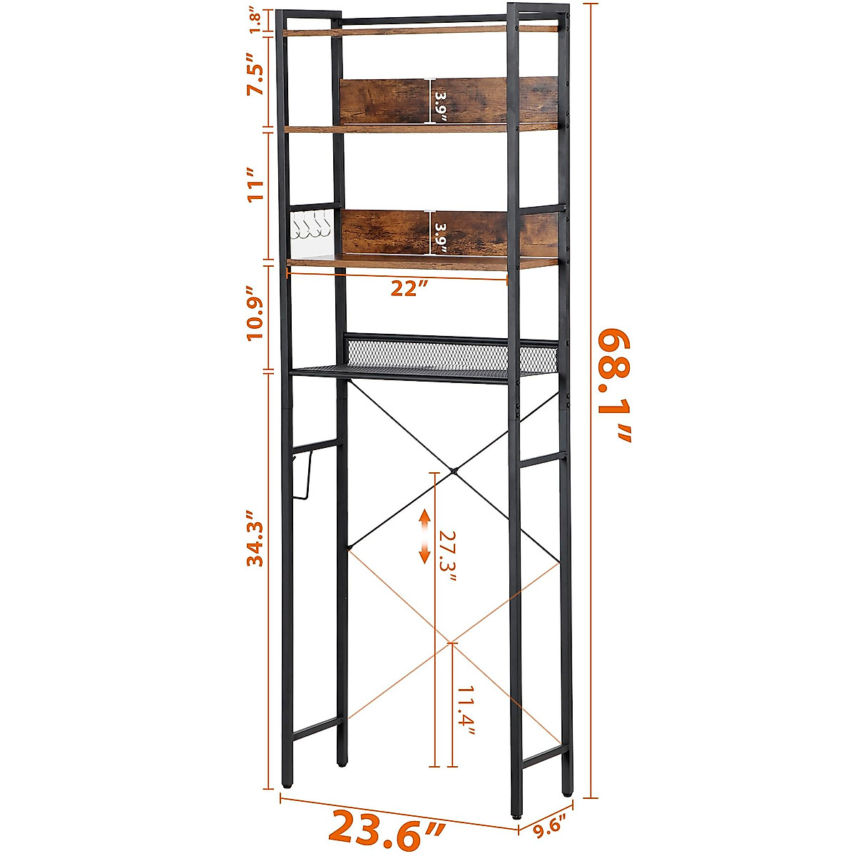 ZENY Over The Toilet Storage, 4-Tier Over Toilet Bathroom Space Saver with Hooks, Over The Toilet Storage Rack, Freestanding Bathroom Organizer, Rustic Brown