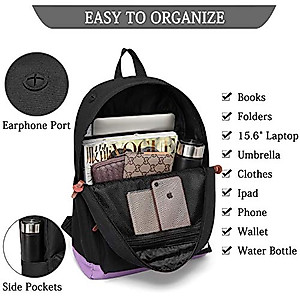 Backpack for Teen Girls, Vaschy Unisex Classic Water Resistant School Backpack Fits 15Inch Laptop (Black Purple)