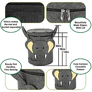 Foldable Toy Storage Basket with Play Mat, Children Toy Organizer with Anti Dust Lid, Portable Cartoon Drawstring Toy Storage Bucket, Quick Cleanup Container for Store Children's Toys (Elephant)