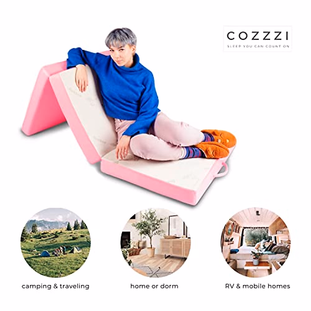 Cozzzi Folding Mattress - Trifold Foam Mattress Topper with Removable Cover -Lightweight and Portable Sleeping Mat - Pink - 25"