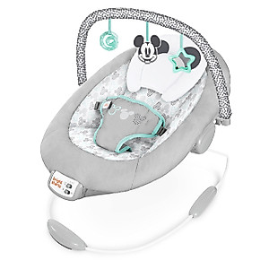 Bright Starts Mickey Mouse Comfy Disney Baby Bouncer in Cloudscapes Includes -Toy Bar with 3 Cute Toys, Plays 7 Soothing Melodies w/Auto Shut-Off, Age 0-6 Months
