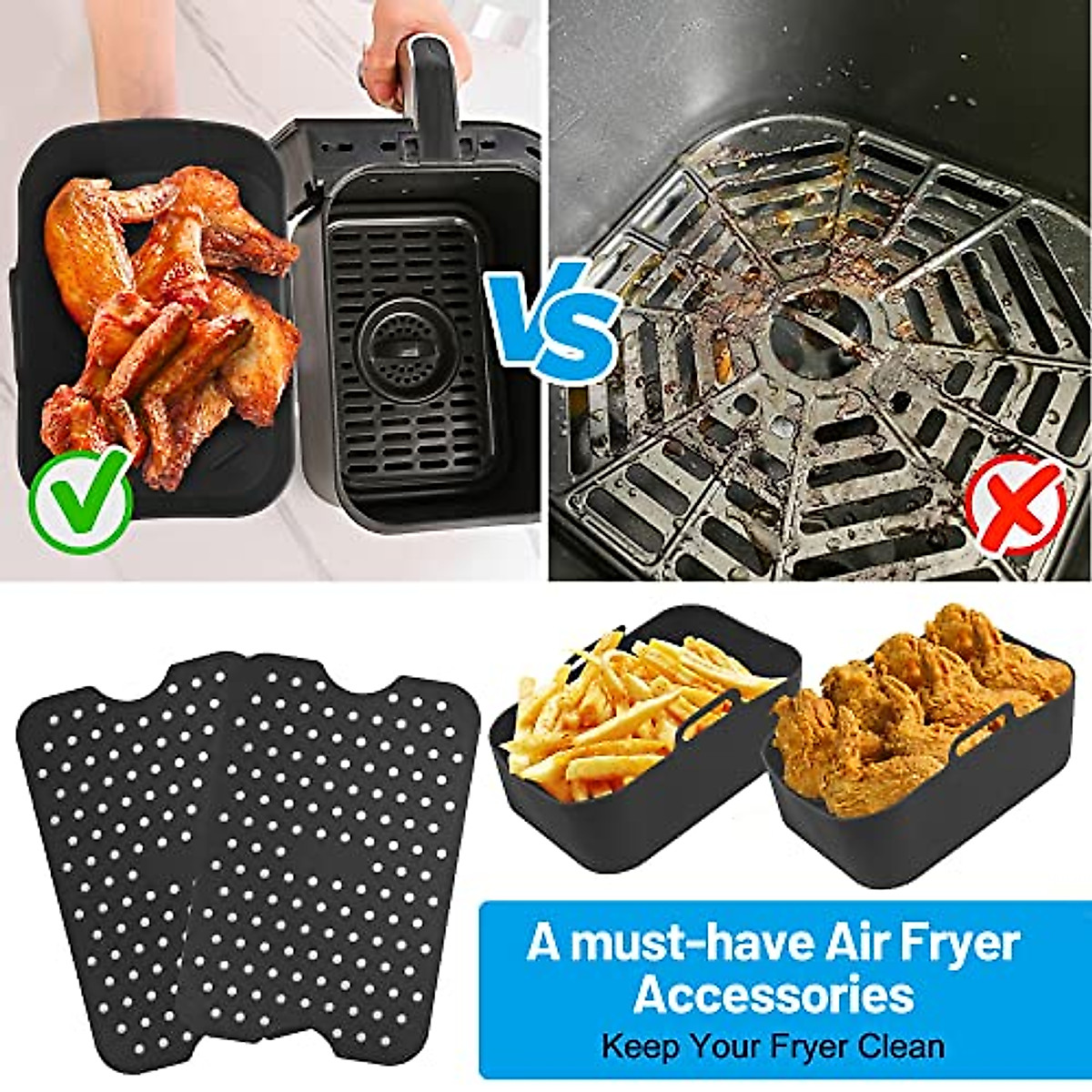 6 Packs Silicone Air Fryer Liner, Air Fryer Silicone Pot Rectangular for Ninja Foodi Dual DZ201 8QT, Replacement Baking Tray for Ninja/Instant Vortex Dual Zone Air Fryer AF300UK, AF400UK (Black)