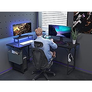 SZXKT Gaming Desk with Monitor Stand and Power Outlets,l Shaped Desk with Storage and LED Lights,Home Office Reversible Corner Computer Desk with Hooks (Black)