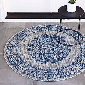 Unique Loom Outdoor Traditional Collection Area Rug - Timeworn (5' 3" Round, Blue/ Gray)