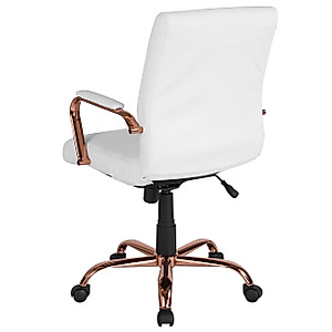 EMMA + OLIVER Mid-Back White LeatherSoft Executive Swivel Office Chair - Rose Gold Frame/Arms