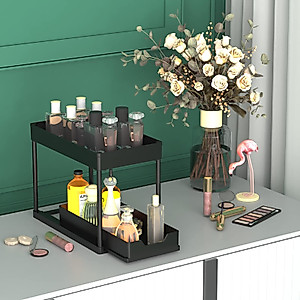 2 Pack Under Sink Organizers and Storage, Treerit 2-Tier Under the Sink Pull Out Organizer with 8 Hooks and 2 Hanging Cups, Multi-Purpose Under Sink Storage for Kitchen and Bathroom Light Black