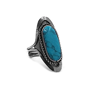 Mia Jewel Shop Ellipse Oval Flat Healing Gemstone Crystal Cabochon Silver Metal Border Adjustable Ring - Womens Natural Fashion Handmade Jewelry Boho Accessories (Turquoise Howlite)