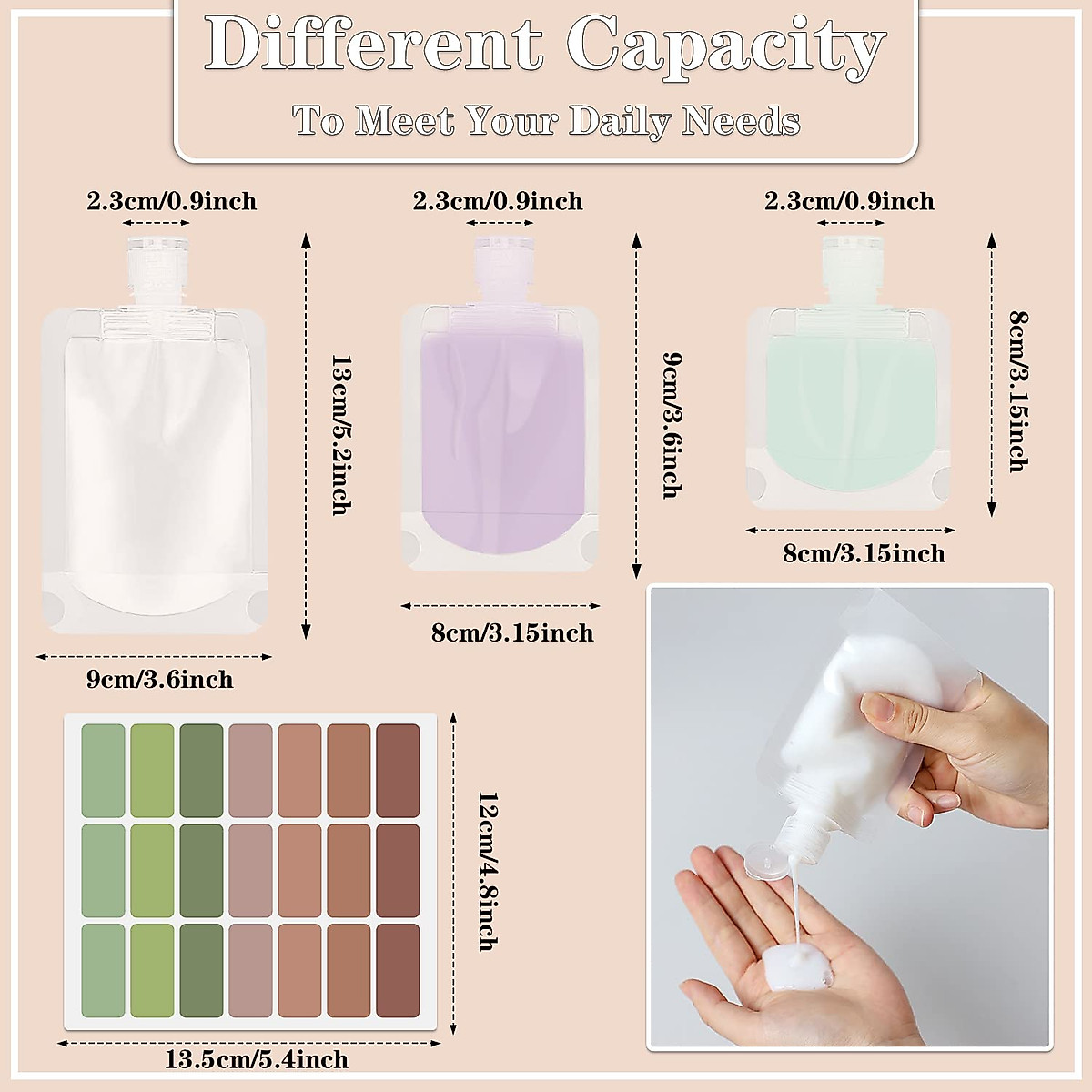 VCZH Travel Pouches for Toiletries 13 Pack, Travel Bottles for Toiletries,TSA Approved Squeeze Flat Bottle Pouches, Great for Trips with Refillable Travel Accessories (30ml/50ml/100ml)