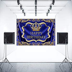 Aperturee Royal Blue and Gold Happy Birthday Backdrop 7x5ft Little Baby Boy Prince King Crown Photography Background Celebration Party Decoration Supplies Cake Table Banner Photo Booth Prop