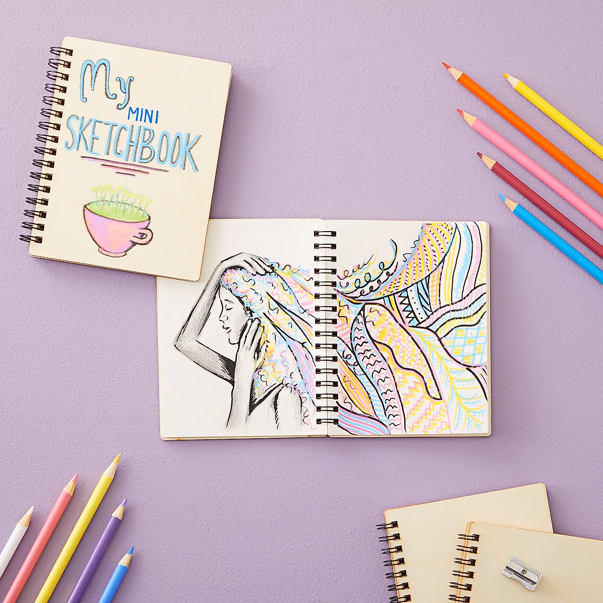 4 Pack Wooden Cover Notebook, Spiral Bound Unruled Plain DIY Craft Journal for Students, Sketches, Writing, Arts and Crafts, Note Taking, 20 Sheets Each (4.5 x 5.8 Inches)