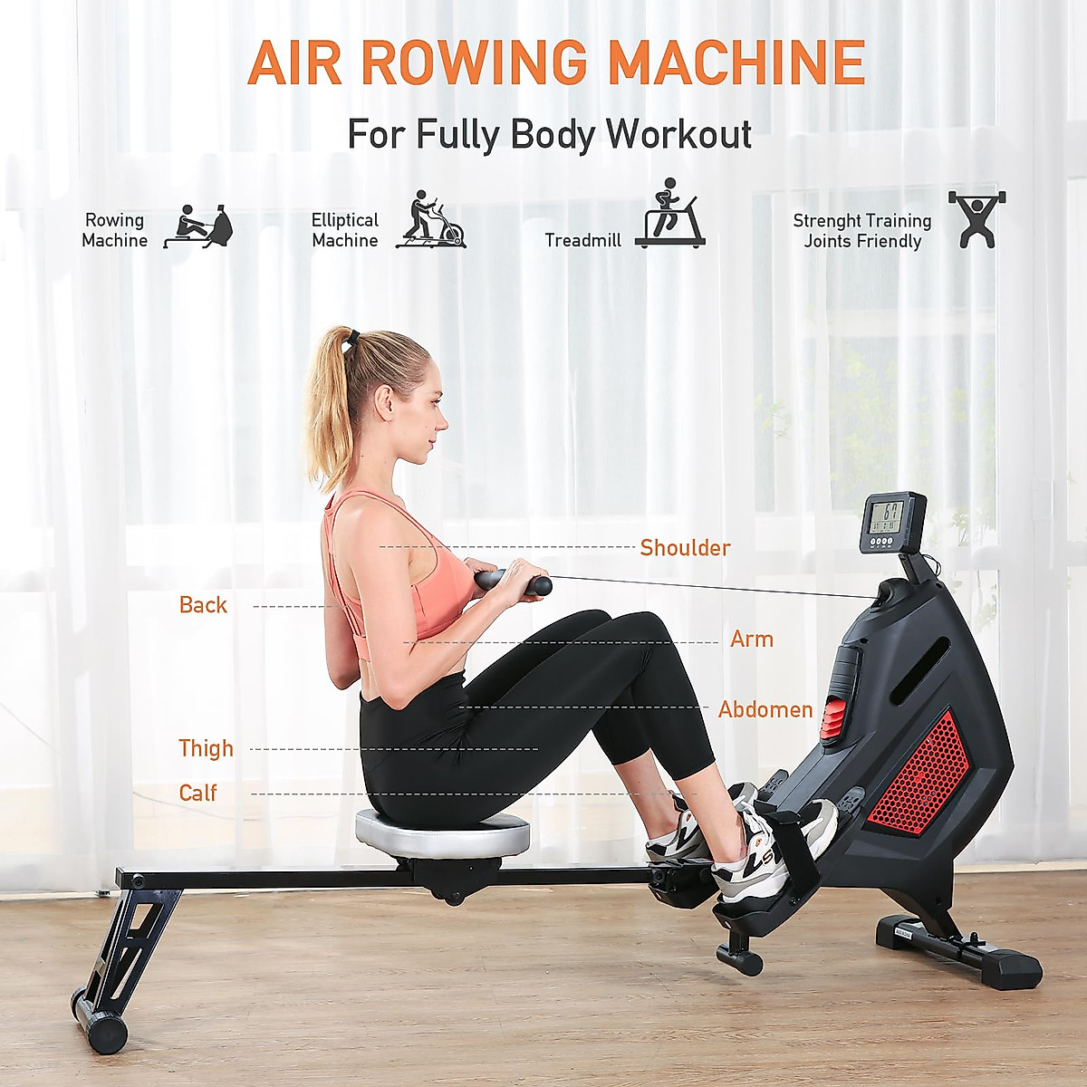 Rowing Machine Folding Magnetic Air Rowing Machines, Indoor Rower Machine for Home Use, 8 Levels Quiet Magnetic & Air Dual Resistance Foldable Rower for Exercise Gyms Training, 250 LBS Max Weight