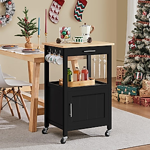 Yaheetech Small Kitchen Island on Wheels with Wood Top and Drawer, Trolley Cart with Open Shelf and Storage Cabinet for Dining Room, 22x18x35 Inches, Black