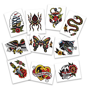 American Traditional Pack Temporary Tattoos | Pack of 10 | Skin Safe | MADE IN THE USA | Removable