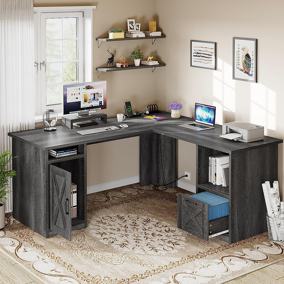 YITAHOME L Shaped Desk with Power Outlets, 60 Inch Computer Desk Corner Desk with File Drawer, Home office Desk with Monitor Stand & Storage Shelves, Large L-Shaped Office Desk with File Cabinet, Grey