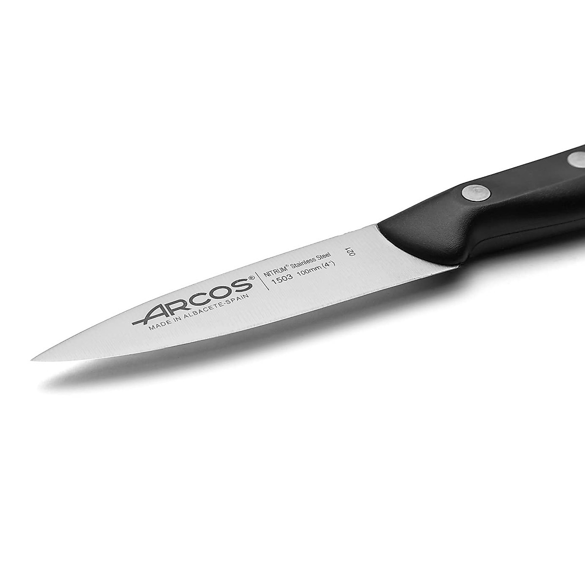 ARCOS Paring Knife 4 Inch Stainless Steel. Professional Kitchen Knife for Peeling Fruits and Vegetables. Ergonomic Polyoxymethylene Handle and 100mm Blade. Series Maitre. Color Black