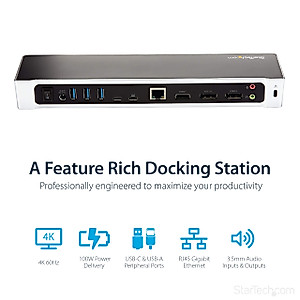 StarTech.com USB-C Dock - 4K Triple Monitor Laptop Docking Station with Dual DisplayPort & HDMI - 100W Power Delivery - USB-C, 4x USB-A Hub - USB 3.1 Gen 1 Type-C Dock - Windows & MacBook (DK30CH2DEP)