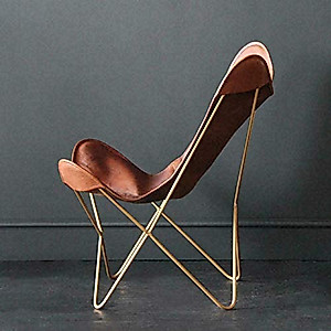 Shy Shy Let’s Touch The Sky Leather Living Room Chairs-Butterfly Chair Brown Leather Butterfly Chair-Handmade with Powder Coated Folding Iron Frame (Cover with Folding Frame) (Golden Frame)
