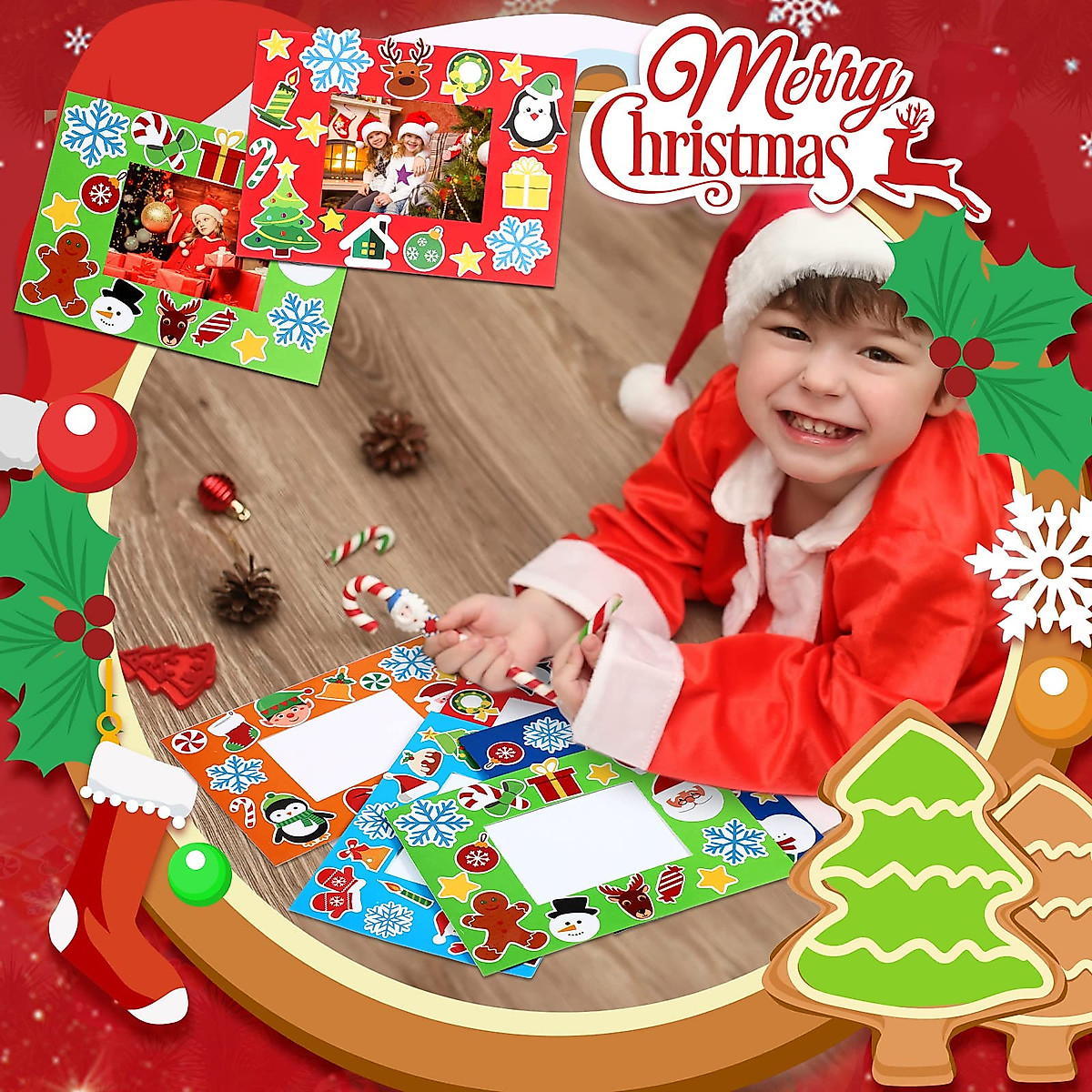 24 Packs Christmas Crafts for Kids Holiday Picture Frame DIY Craft Kits with 330 Stickers Gingerbread Santa Reindeer Snow Stickers Xmas Art Favor for Children Home Classroom Party Game Activity