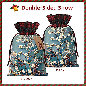 EVANEM Christmas Gift Bags with Drawstring Burlap Gift Bags almond blossom Christmas Linen Bags for Xmas Party Candy Bags with Cards Xmas Reusable Wrapping Bags Christmas Linen Treat Bags for Holiday