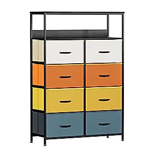 LLappuil 8 Drawer Dresser for Bedroom with Double Shelf, Kids Baby Girl Dresser, Tall Dressers Chests of Drawers Tower, Fabric Dresser Storage Drawers for Clothes, Closet, Nursery, Multicolor