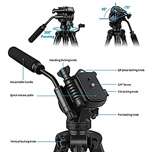 Tripod, 73 inch Tripod for Camera 15 lbs Loads with Fluid Head, 2 Quick Release Mounts and Tablet & Phone Mount