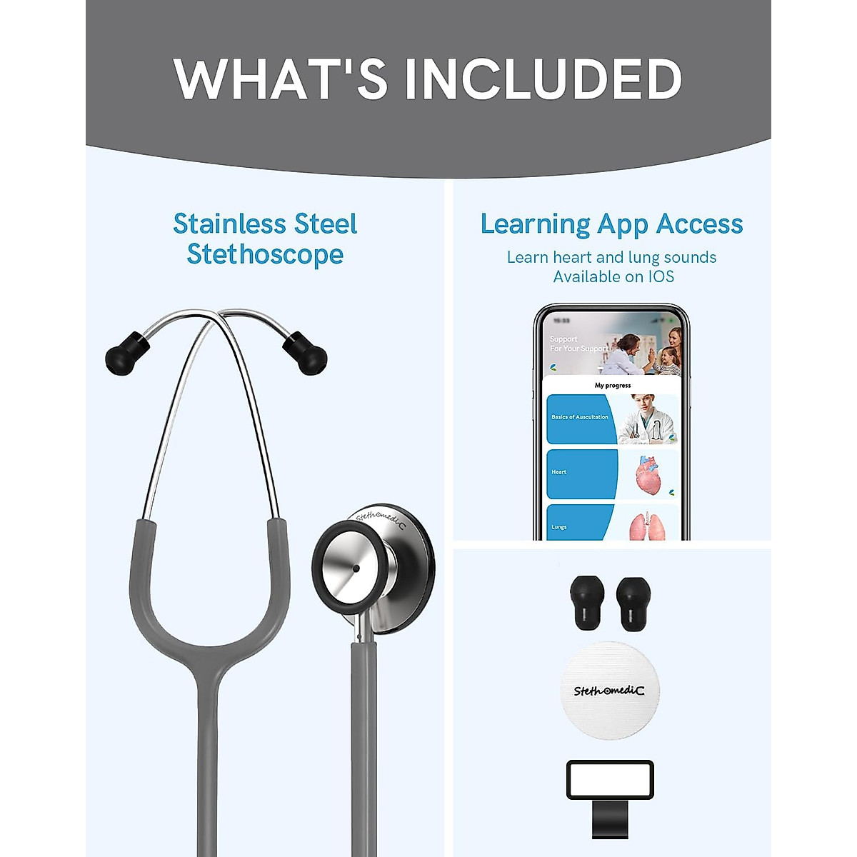 FriCARE Dual Head Stethoscope - Stethoscopes for Nurses, Medical Nursing Students, Paramedics/EMT/LVN/VNA Backup - FSA/HSA Eligible Estetoscopio, Haze Grey Tube, Stainless Steel Chestpiece