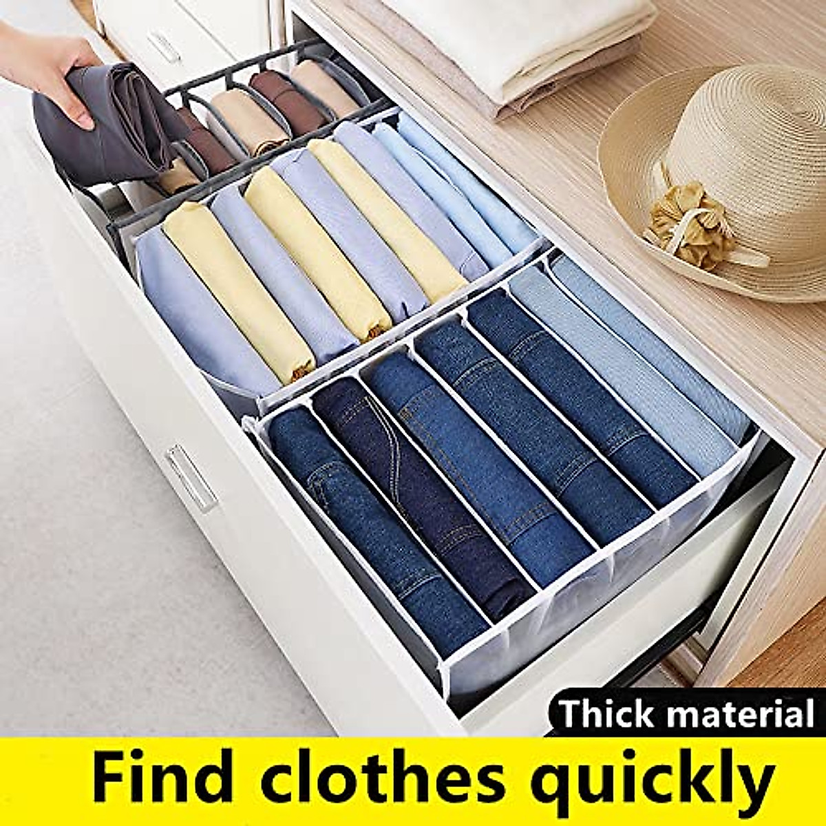 BINGC 2 PCS Washable Wardrobe Clothes Organizer , 7 Grid Drawer Foldable Visible Storage Box Jeans Compartment Divider Boxes for Jean Pants Socks Bras Ties Lingerie Scarves (14.2x6.7x4.7 inch, WHITE)