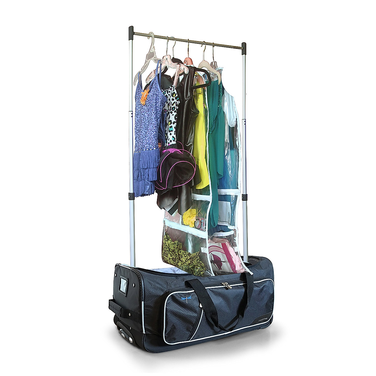 Travolution Dance Bag with Garment Rack, 24 Inch Rolling Duffel With Wheels, Ideal for Competitions & Travel, Easy-assembly Lightweight Aluminum Clothes Rack, Wheeled Upright Luggage, Black/Gray