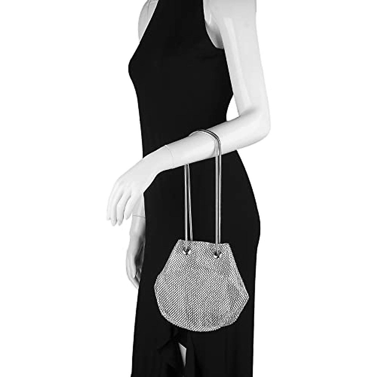 Linkidea Rhinestone Bucket Bag for Women, Evening Lady Purse, Party Prom Wedding Crossbody Shoulder Handbag (Silver)