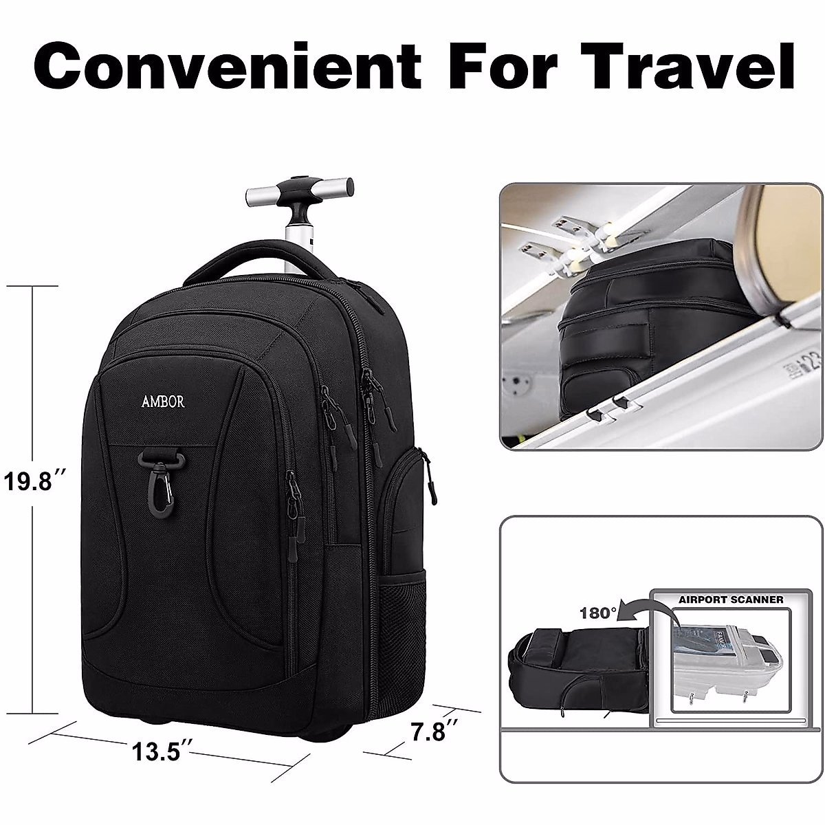 AMBOR Rolling Backpack, Waterproof Wheeled Backpack, Carry-on Trolley Luggage Suitcase Compact Business Backpack with Wheels, Student Rolling Laptop Bag Trolley Carry Luggage Fits 17 Inch - Black