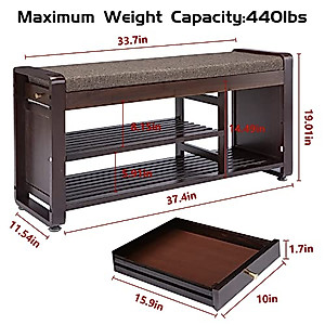 NURTUDIS Shoe Rack Bench Entryway, Bamboo Shoe Storage Stool with Removable Cushion, 2-Tier Entryway Shoe Organizer Shelf with Side Drawer & Hooks for Entryway, Living Room, Bedroom, Bathroom(Large)