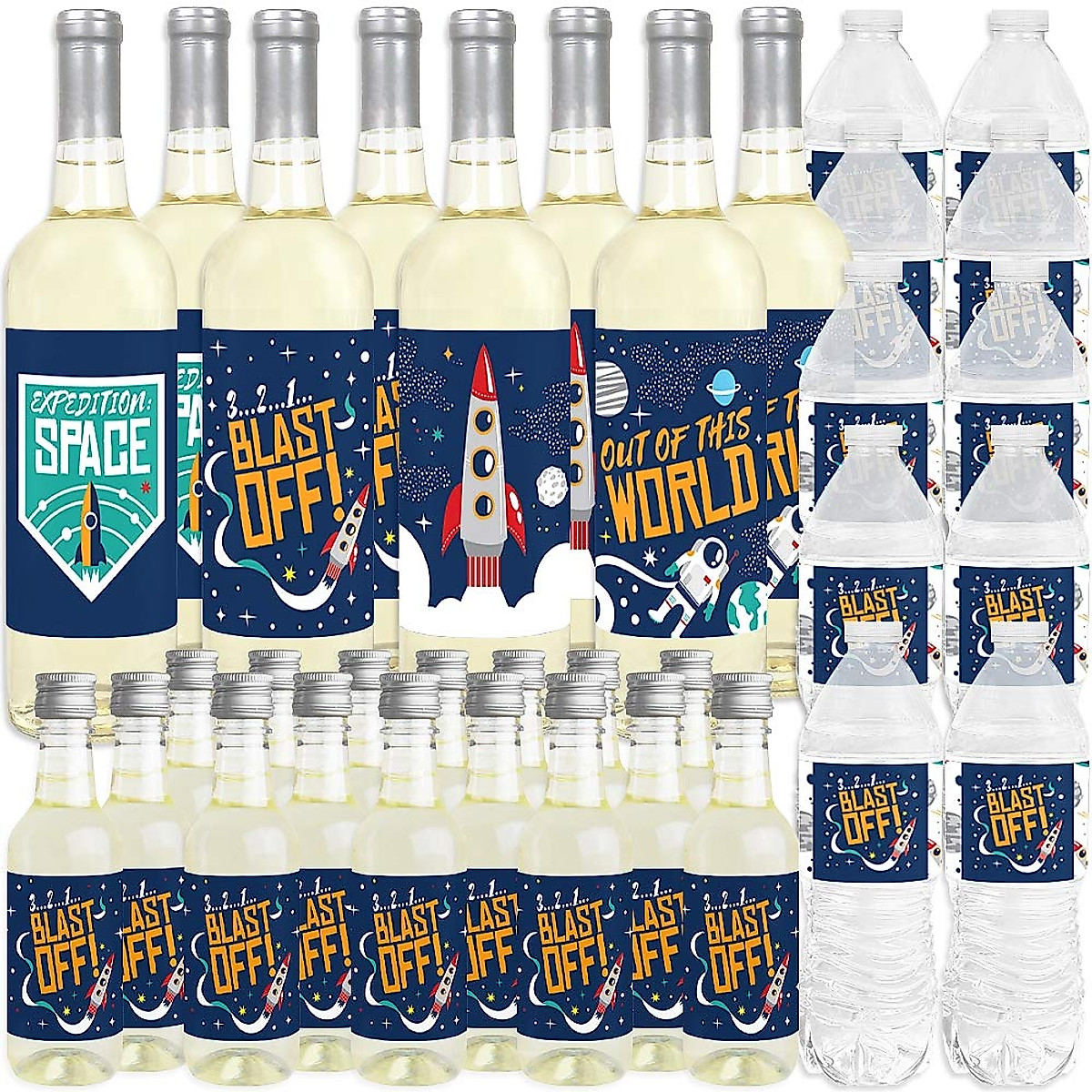 Big Dot of Happiness Blast Off to Outer Space - Mini Wine Bottle Labels, Wine Bottle Labels and Water Bottle Labels - Rocket Ship Baby Shower or Birthday Party Decor - Beverage Bar Kit - 34 Pieces