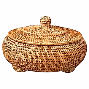KODENG Round Rattan Boxes with Lid Hand-Woven Multi-Purpose Wicker Tray 11 Inch Picnic Food Bread Table Storage Basket (28x13cm)