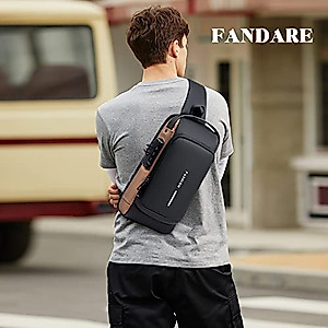 FANDARE Anti-theft Sling Bag Business Men Bag Chest Crossbody bags with USB Charging Port Waterproof Small Backpack for Outdoor Work Hiking Running Sport Travel Bag Black Brown