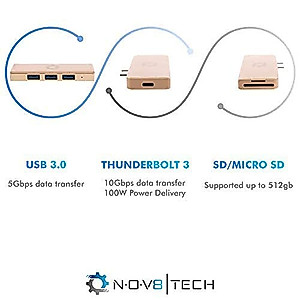 NOV8Tech USB C Hub Gold 6in2 Slim Adapter for MacBook Air M1 2018-2022, Pro M1 2016-2022, Mini Docking station Thunderbolt 3 100W Power Delivery, USB C Data & 3X USB 3.0 Ports, Micro SD/SD Card Reader