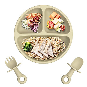 Baby Suction Plate with Self-Feeding Spoon Fork - BPA Free Infant Newborn Utensil Set for Self-Training, Suction Plates for Babies Toddlers, Dishwasher Microwave Safe (Gray)