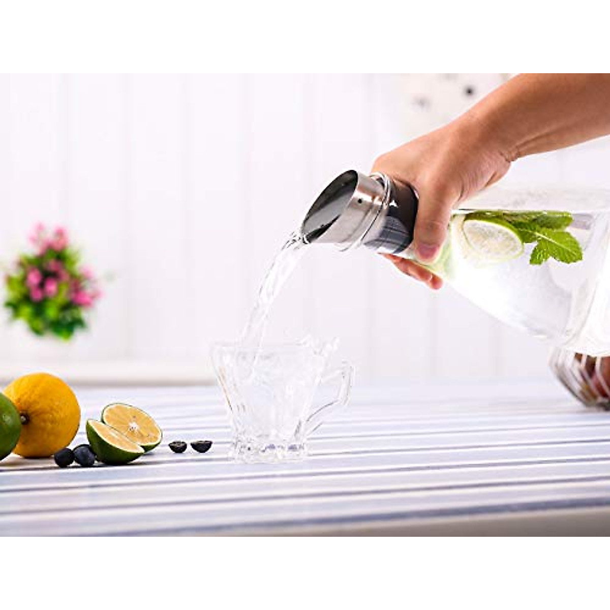 Purefold 40 Ounce Glass Carafe with Drip-Free Stainless Steel Lid, Ice Tea Pitcher, Juice jar, Tea & Coffee Maker, Perfect Drinkware for Hot and Cold Water Pitcher