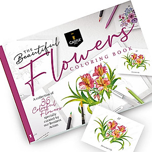 Castle Arts Flowers Coloring Book | 36 Mindfulness-Inspiring Gorgeous Blooms Curated by in-House Artists | with Color Reference Guide | No Show-Thru Artist Grade Paper | Frameable Landscape A4 Size