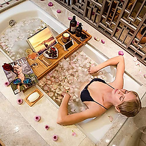 Bath Caddy Tray for Bathtub - Bamboo Adjustable Organizer Tray for Bathroom with Free Soap Dish Suitable for Luxury Spa or Reading