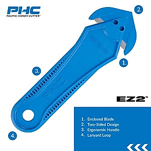 Pacific Handy Cutter EZ2 Two Sided Disposable Concealed Blade Safety Cutter with Bladeless Tape Splitter, Safe and Efficient Cutting for Boxes, Shrink Wrap, Plastic Strapping, and Twine