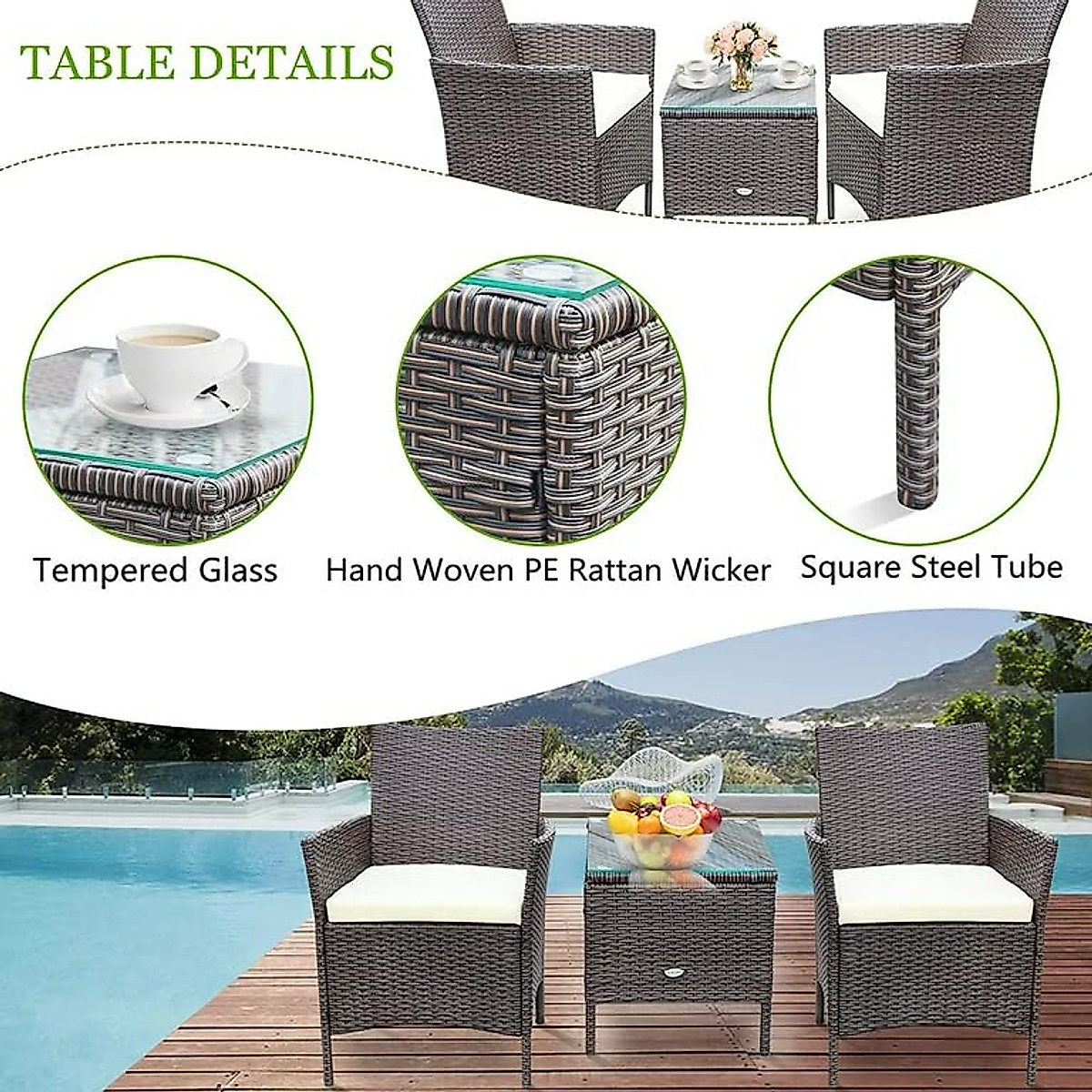 JUMMICO 3 Pieces Patio Furniture Sets Outdoor Patio Chairs set of 2 PE Rattan Wicker Chairs with Table for Garden Porch Lawn Poolside(Brown/Beige)