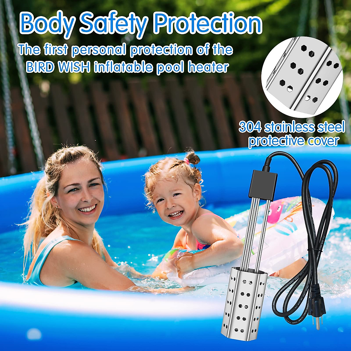 BIRD WISH Portable Pool Heater, 1500W Portable Thermostat and Auto Shutoff with Small Pool Heater for Inflatable Pool and Portable Pool in Yard, Home