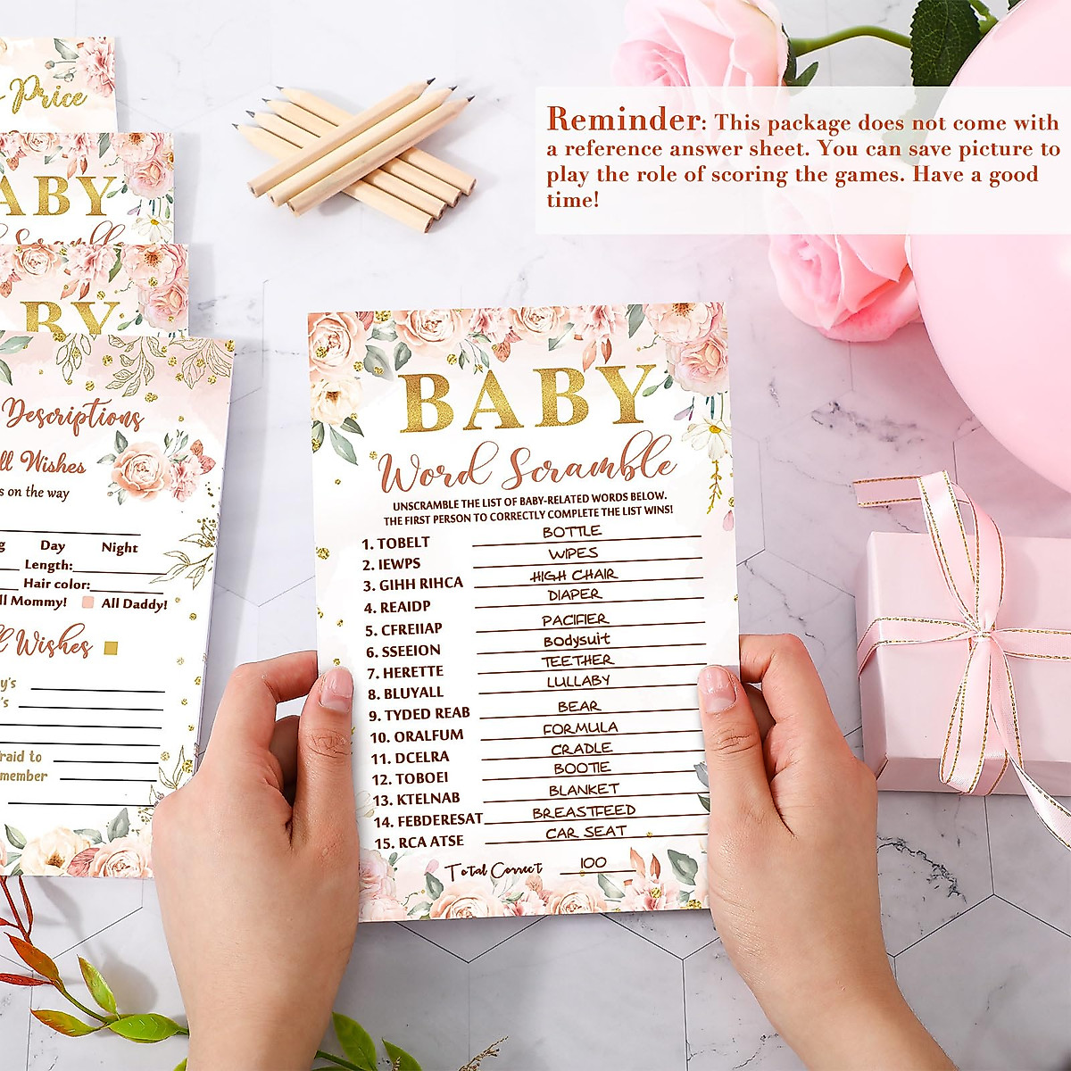 125 Pcs Floral Baby Shower Games for Girls Set of 5 Baby Shower Game Activities Floral Cards with 20 Pencils Includes Baby Bingo Guess Who Baby Price Is Right Description Word Scramble Game
