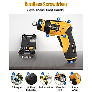 VIGRUE Cordless Screwdriver, Rechargeable Electric Screwdriver with 45 Free Accessories, Battery Indicator, 7 Torque Setting, 2 Position Handle with LED Light, Flexible Shaft
