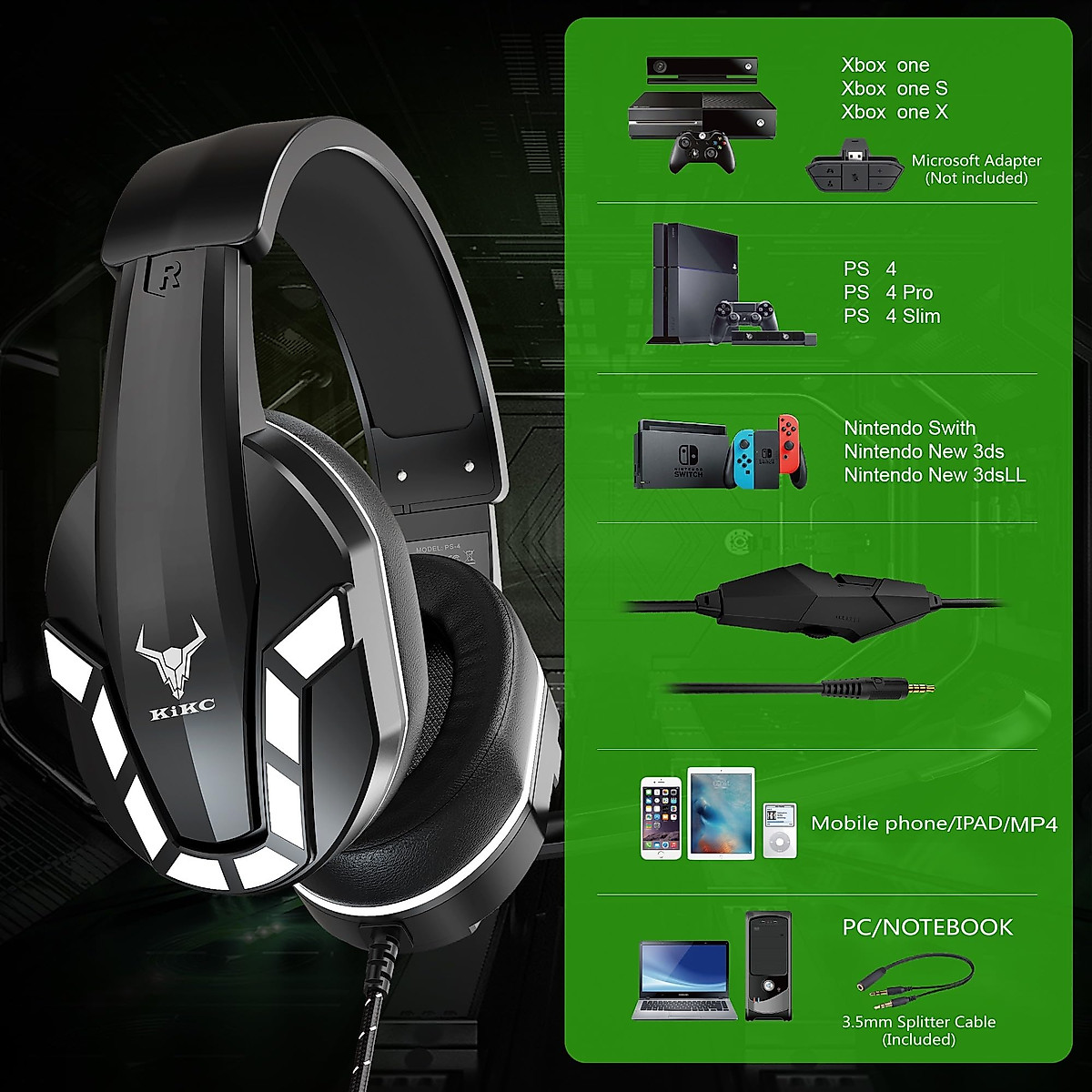 Kikc PS4 Gaming Headset with Mic for Xbox One, PS5, PC, Mobile Phone and Notebook, Controllable Volume Gaming Headphones with Soft Earmuffs for Kid (white)