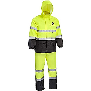 John Deere Unisex High Visability ANSI Class III Rain Suit Jacket and Bib with Color Block, High Visability, Water Resistant, and Reflective 3M Tape, Yellow, Black, Large (JD44530/L)