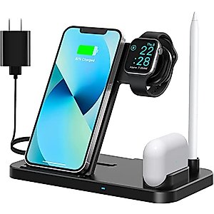 Wireless Charger, 4 in 1 Fast Wireless Charging Station for iPhone 14 13 12 11/ Pro/XS/XR/X/SE/8/8 Plus,18W Fast Charging Dock Stand Compatible with iWatch S7/S6/5/4/3/2/AirPods 1/2/Pro&Apple Pencil 1